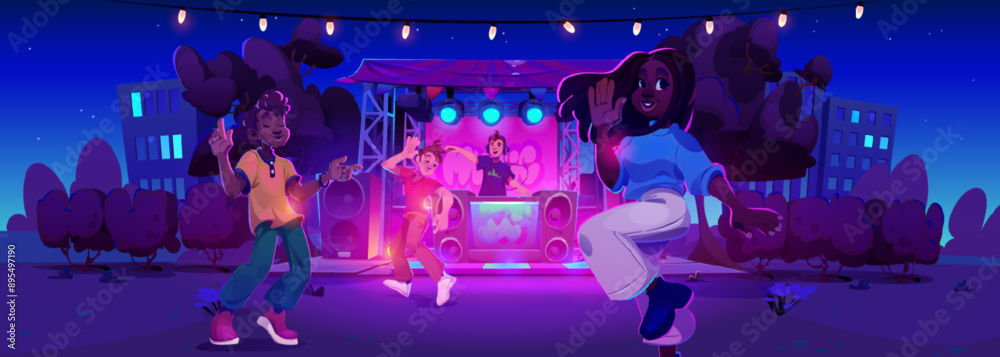 People dancing at outdoor concert in park. Vector cartoon illustration ...