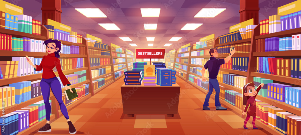 Man, woman and kid girl standing in book store room interior with rack ...