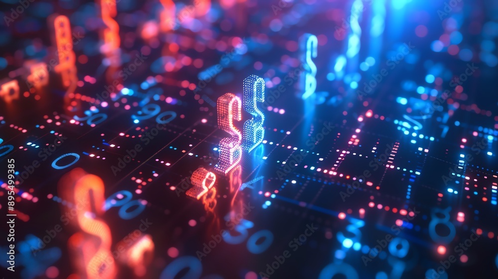 Abstract digital landscape featuring glowing binary code and vibrant neon colors, representing ...