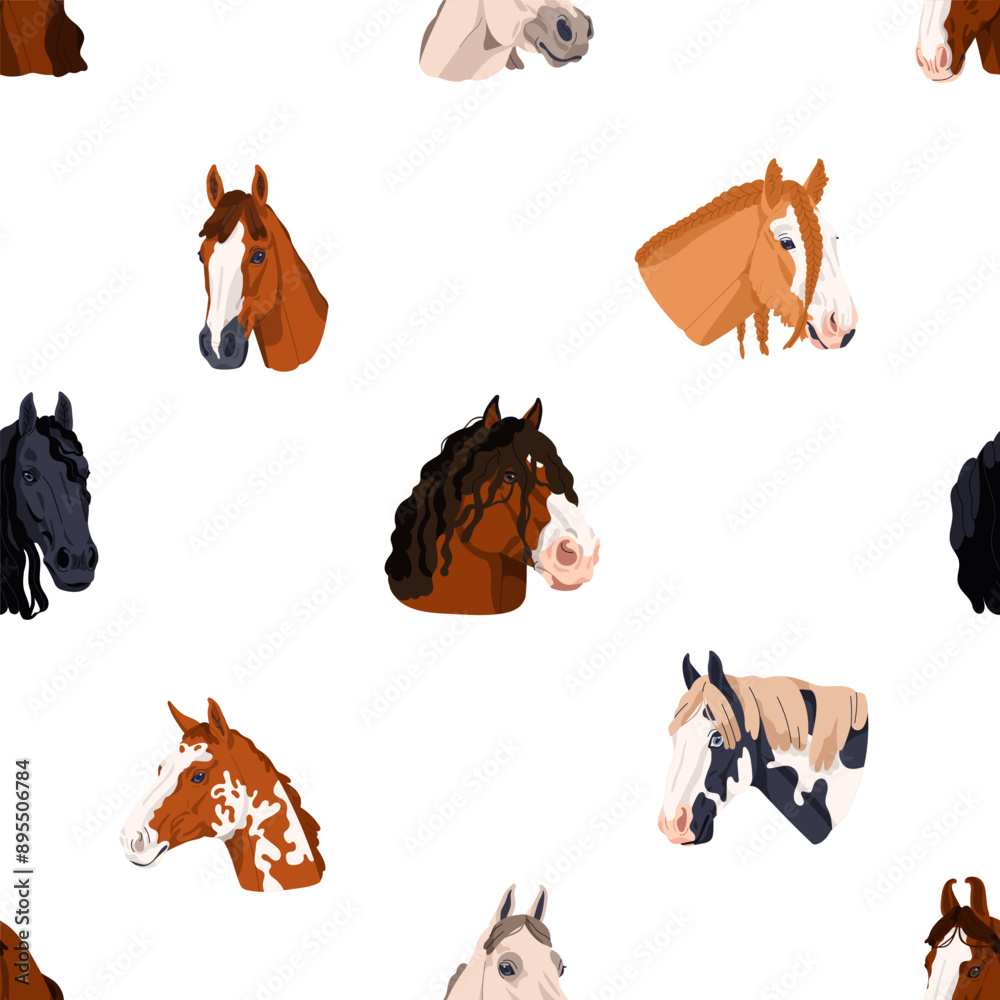 Seamless pattern, horse heads, different breeds. Endless background for ...