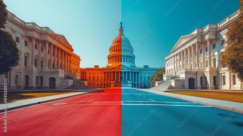 Artistic depiction of the U.S. Capitol with contrasting red and blue ...