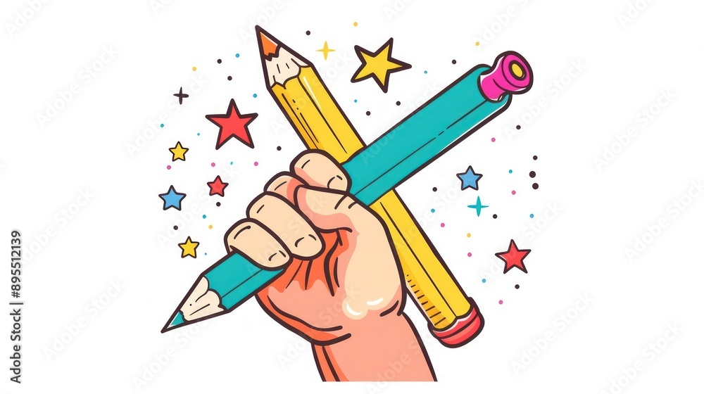 High-quality vector clip art of cartoon hand with pencil and saw, stars ...