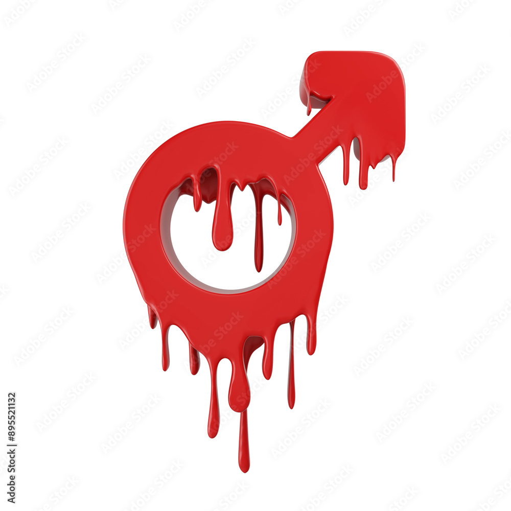 3D object red gender male symbol melting red blood or liquid dripping ...