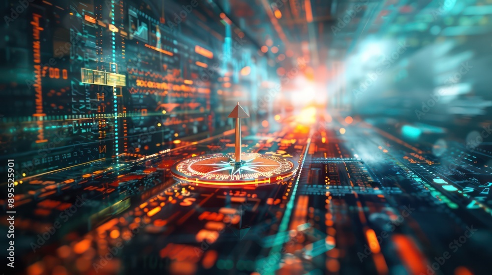 conceptual piece showing a budget as a digital compass, with the needle ...