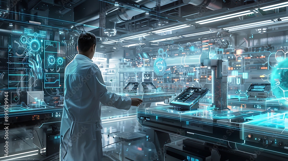 Quantum Computing Lab With High Tech Quantum Sensors Emitting A Blue Glow Modern Lab Coats