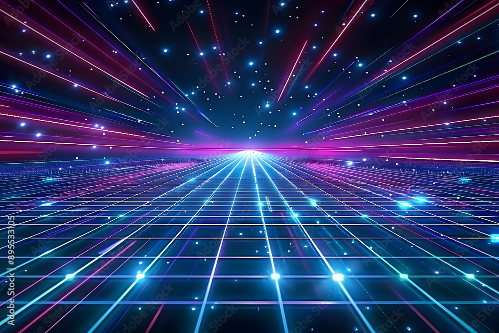 Retro 80s video game background with grid of blue light streaking in ...