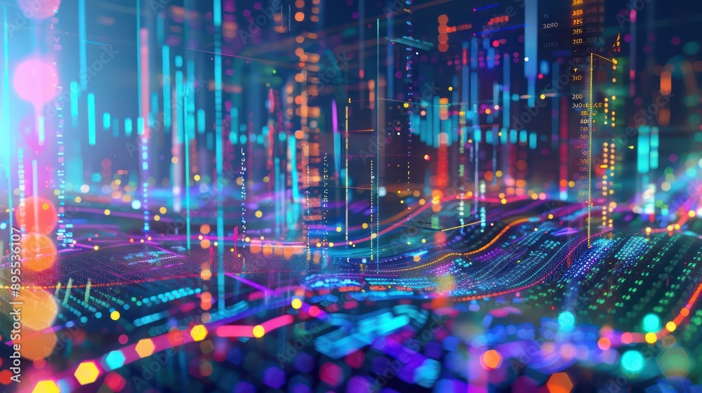 conceptual visualization of economic forecasting, depicted as a 3D holographic chart showing ...