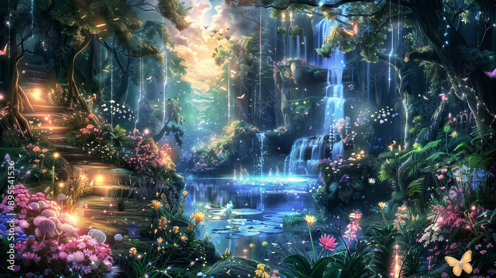 Show me a magical fairyland enchanted forest woodland with waterfall ...