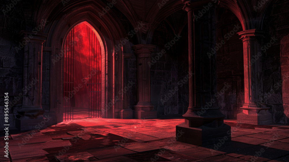The dark room had pointed arches and pillars. It was lit by a dim red ...