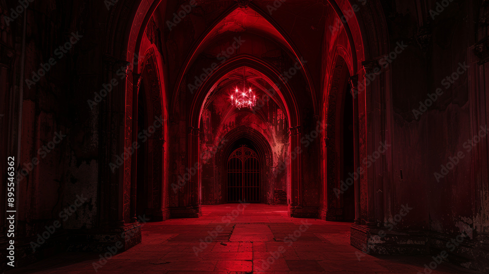 The dark room had pointed arches and pillars. It was lit by a dim red ...