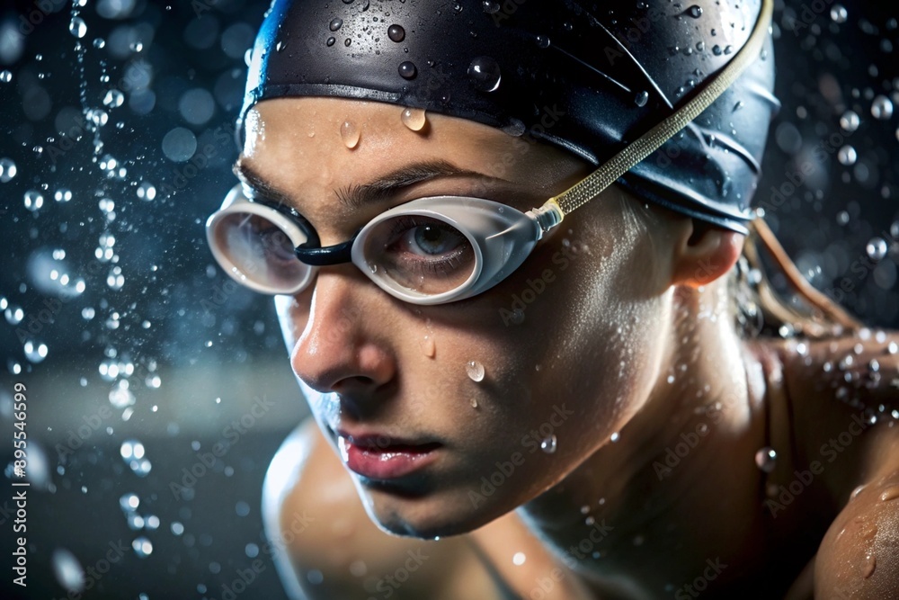 Sports swimming. Women's swim. An athlete wearing swimming glasses in a ...