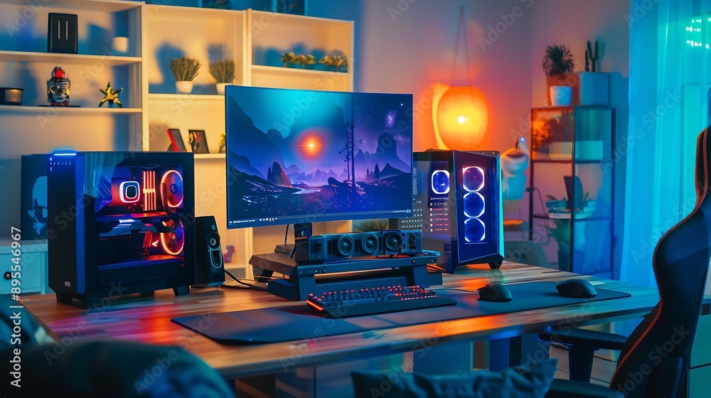 High tech gaming station with curved monitor RGB mechanical keyboard ...