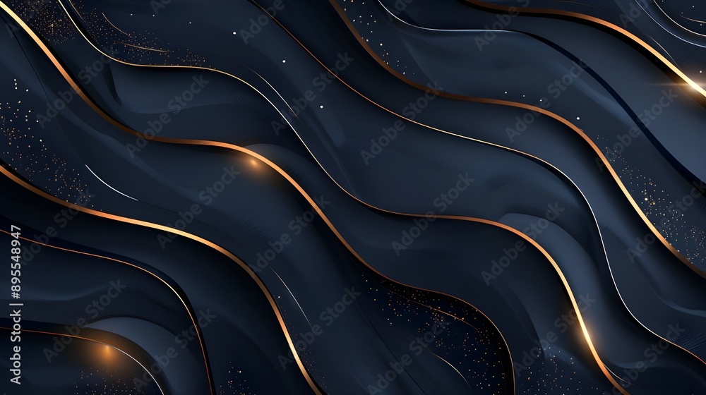 Contemporary abstract dark blue curve shape with golden lines on a dark ...