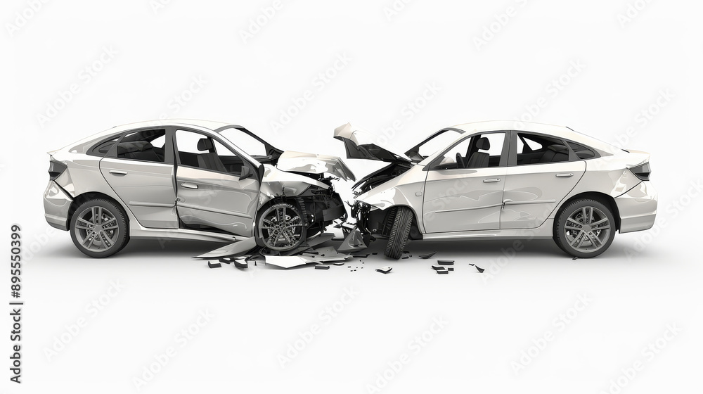 Two white cars collided, damaging their front and sides. The damaged ...