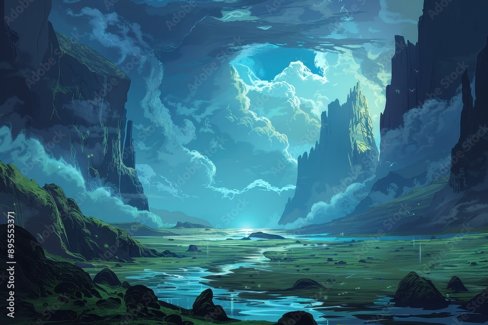 Mystical valley with floating rocks and a grand castle Stock ...