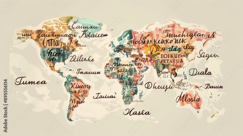 A detailed map of the world with country names written in their native ...