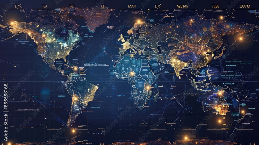 A digital world map with time zone clocks overlayed on major cities ...
