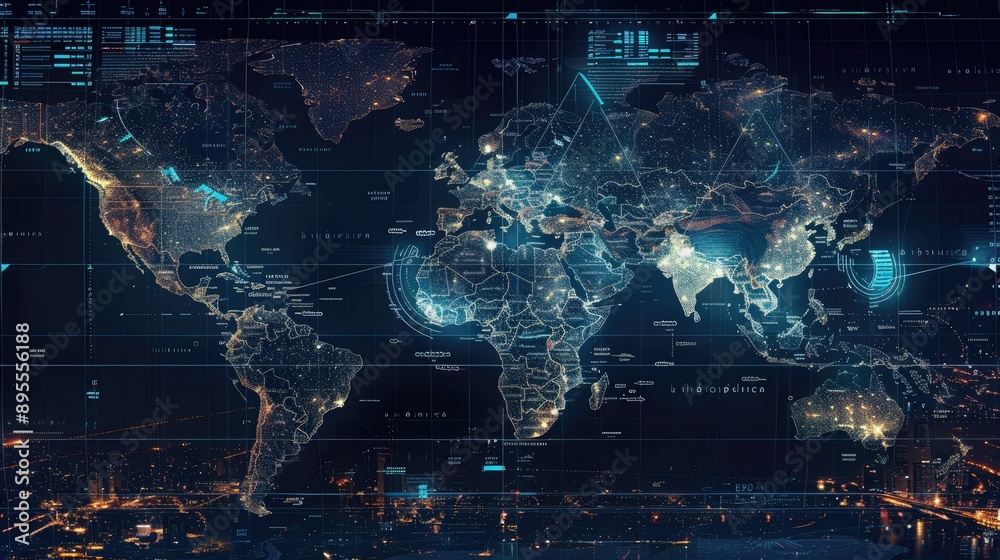 A digital world map with time zone clocks overlayed on major cities ...