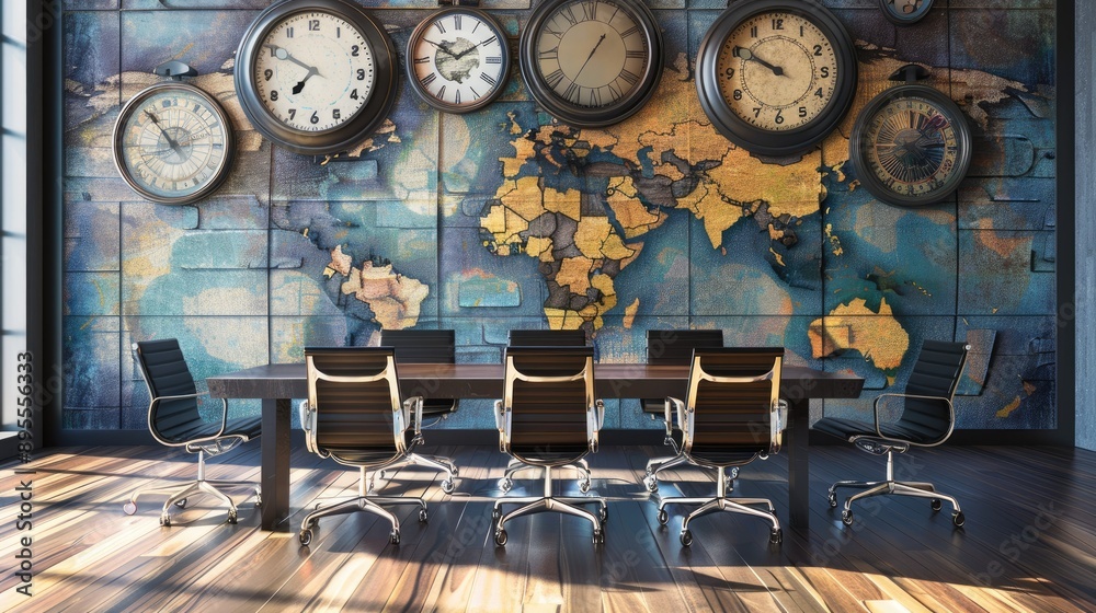 A global business meeting room with a wall of clocks showing various ...