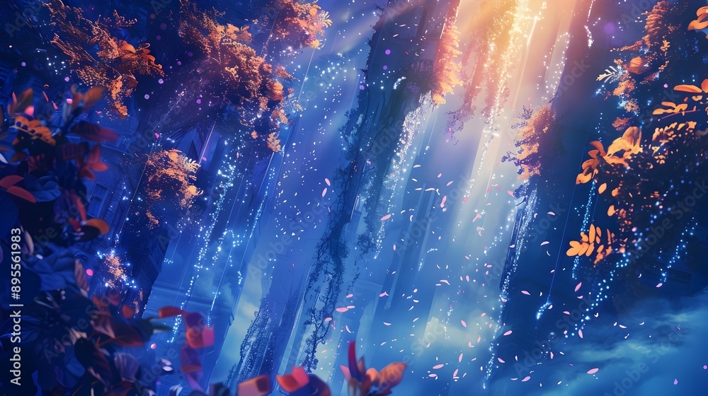 Flourishing foliage cascading over dynamic financial visualizations and ...