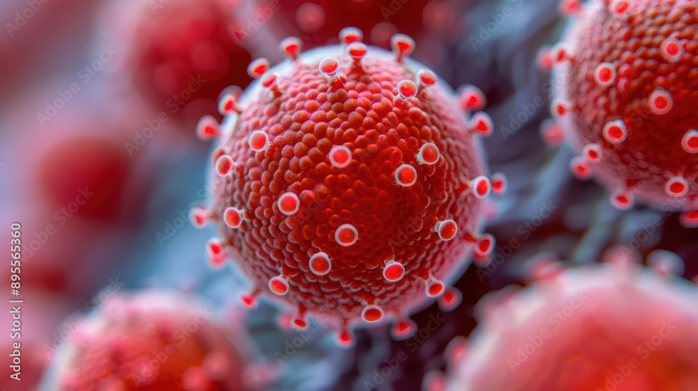 The swine vesicular disease virus shown in a detailed microscopic image ...