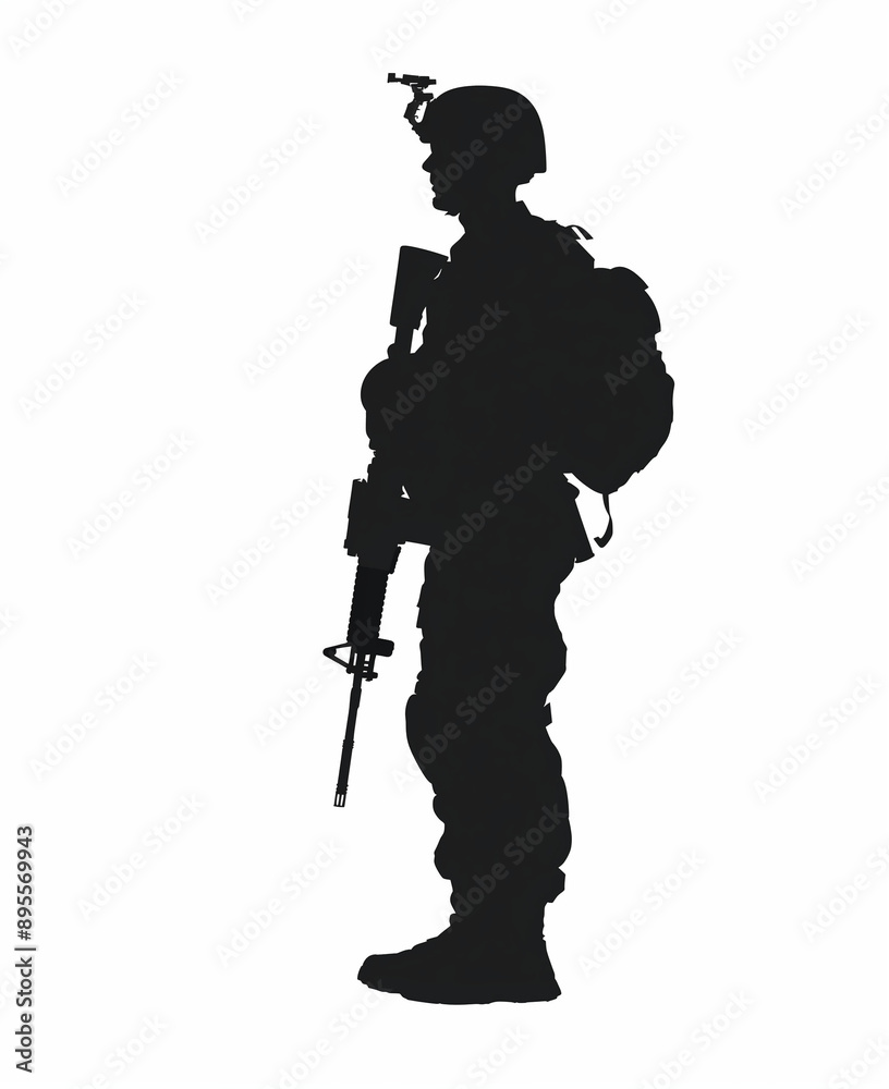 side view silhouette of soldier with rifle isolated on white background ...