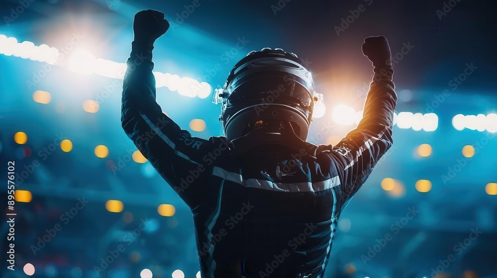 silhouette of a triumphant race car driver arms raised in victory ...