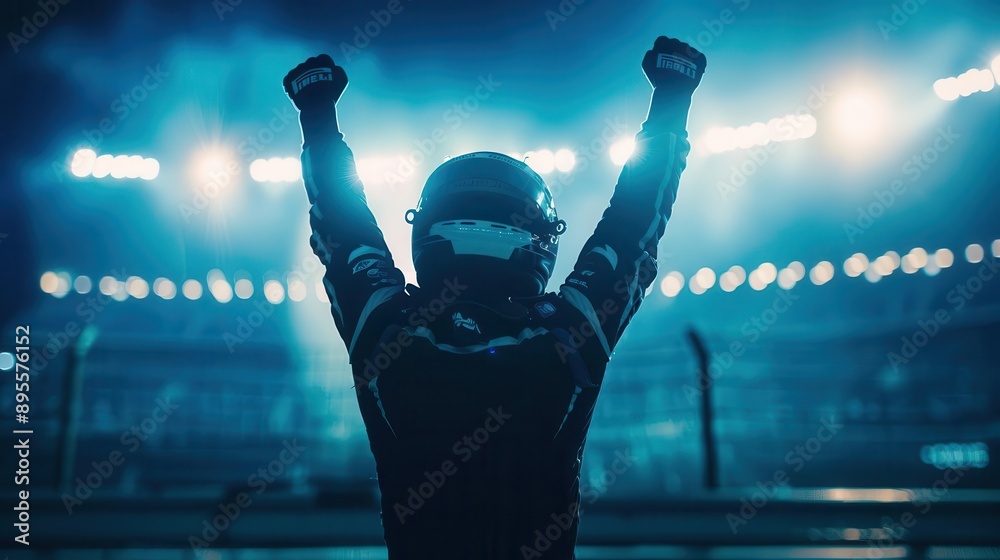 silhouette of a triumphant race car driver arms raised in victory ...