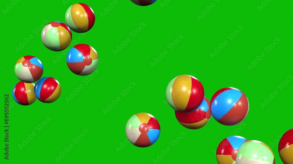 Colorful beach balls thrown up on green screen, bouncing, rolling, and ...