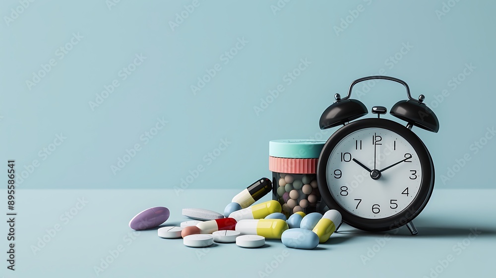 Several different colored pill containers and a black alarm clock ...