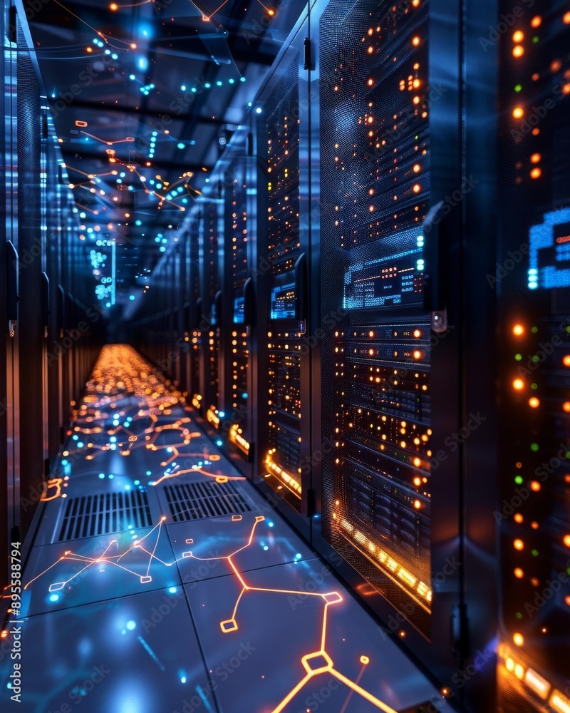 Secure server room with glowing data streams and high-level encryption ...
