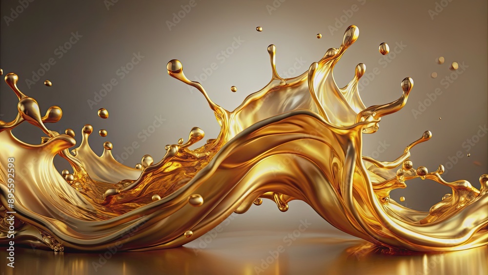 Dynamic splash of golden liquid oil creating abstract shapes and ...
