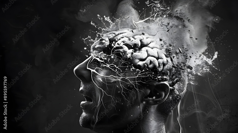 Digital conceptual portrait of a male head consumed by an imploding ...