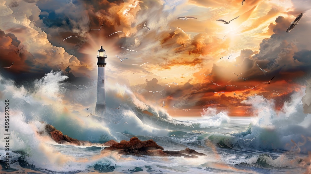 Fantasy coastal vista with a spellbound lighthouse, shrouded in magical ...