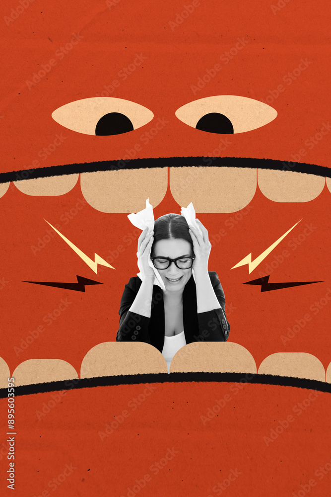 Vertical collage young depressed crying woman employee suffer headache ...