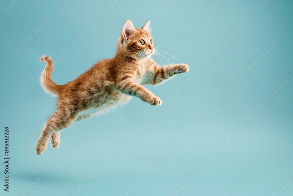 Active agile Cat jumping high in the air on a blue color studio ...