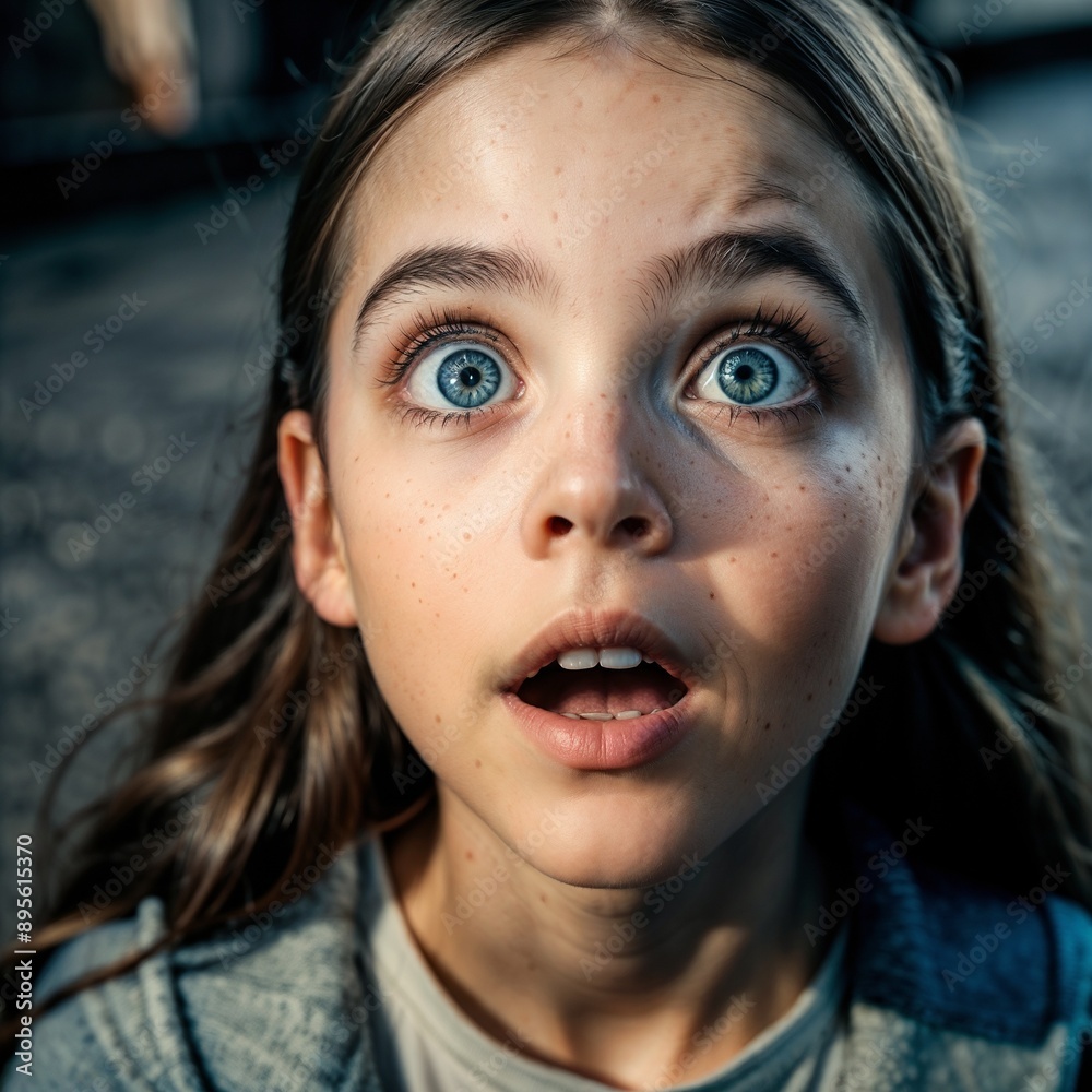 a stock photo of a girl standing. The girl is looking up with her eyes ...