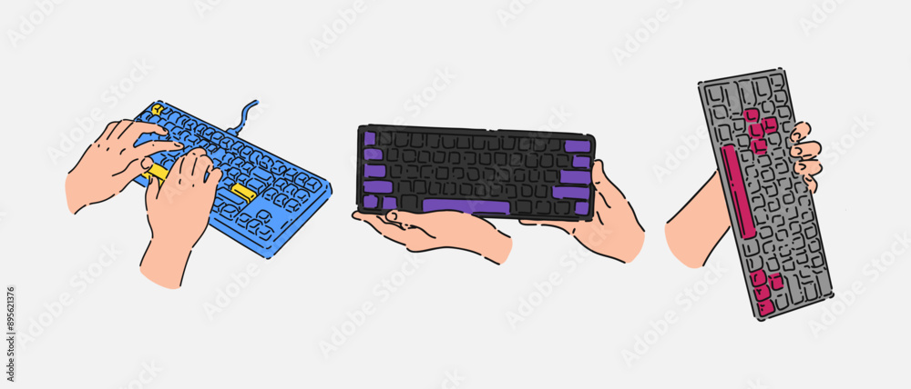 set of hand holding Keyboard in line art style with color. isolated on ...