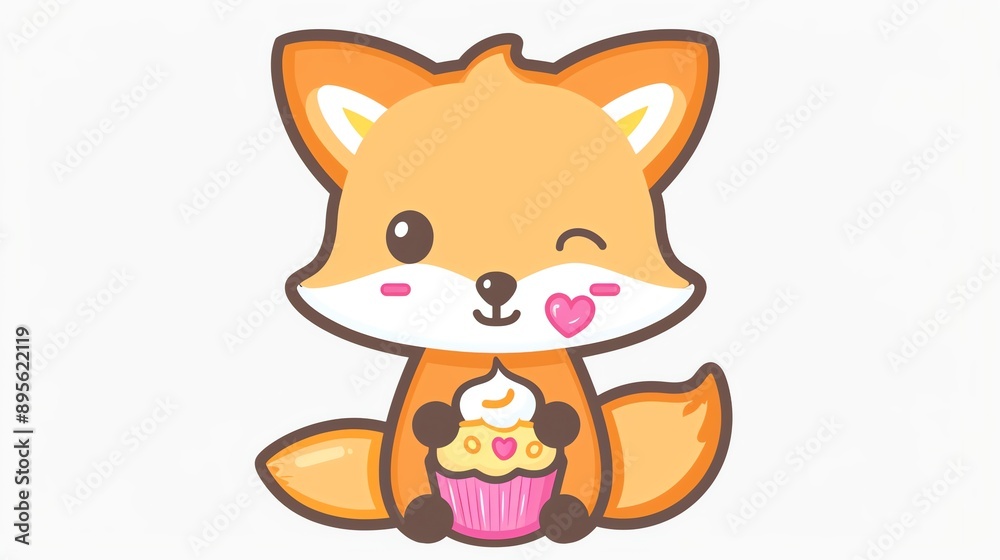 Create a vector clipart of a Fox with a cupcake and a smilein a kawaii ...