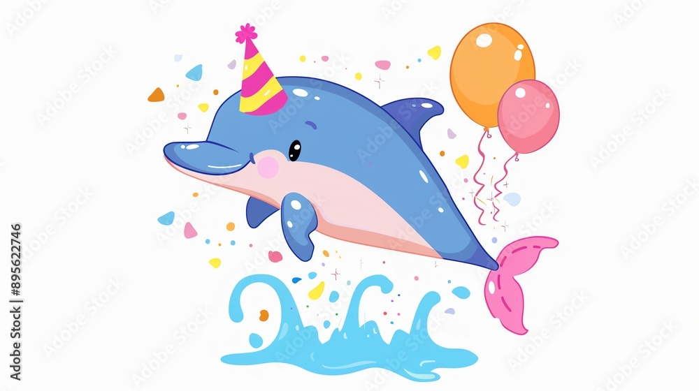 Create a vector clipart of a Birthday dolphin with a splashin a kawaii ...