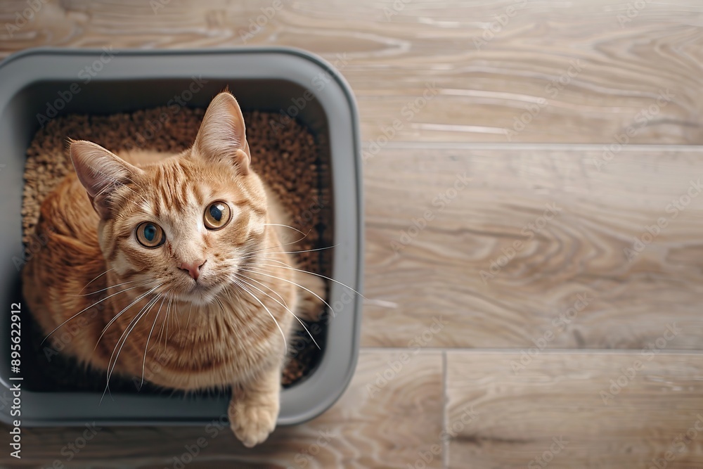 Adorable grey cat sitting near a litter box indoors. Pet care. Domestic ...