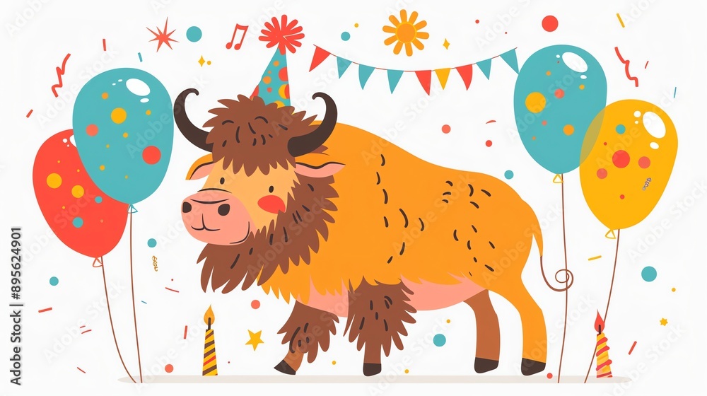 Create a vector clipart of a Birthday bison with a wild partyin a ...