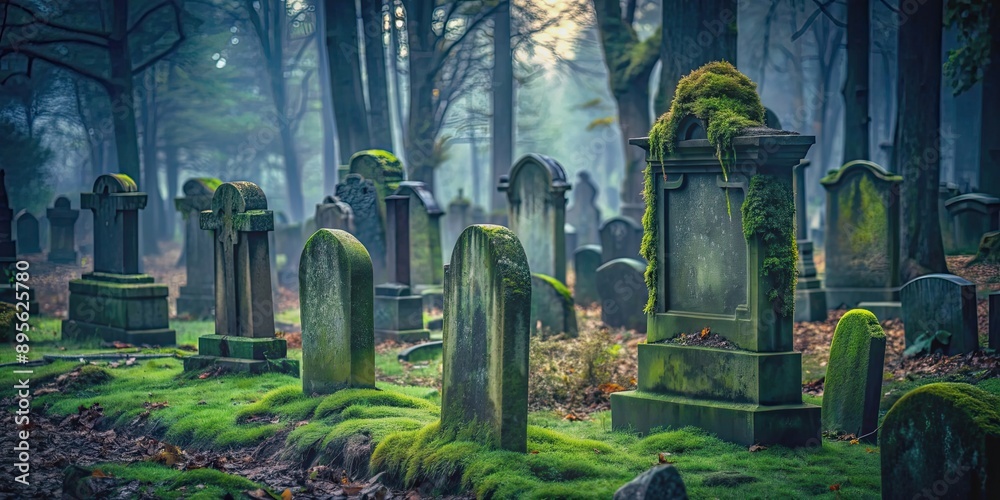 Dark and eerie graveyard with moss-covered tombstones , cemetery ...