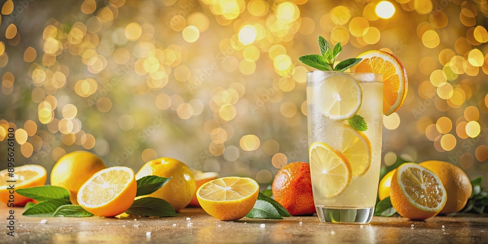 Sparkling lemonade with fresh citrus garnish, a refreshing drink on a bubbly bokeh background ...