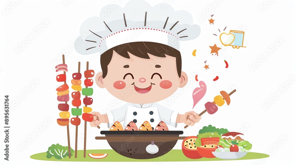 Create a vector clipart of a Chef with a barbecue grill and skewersin a ...
