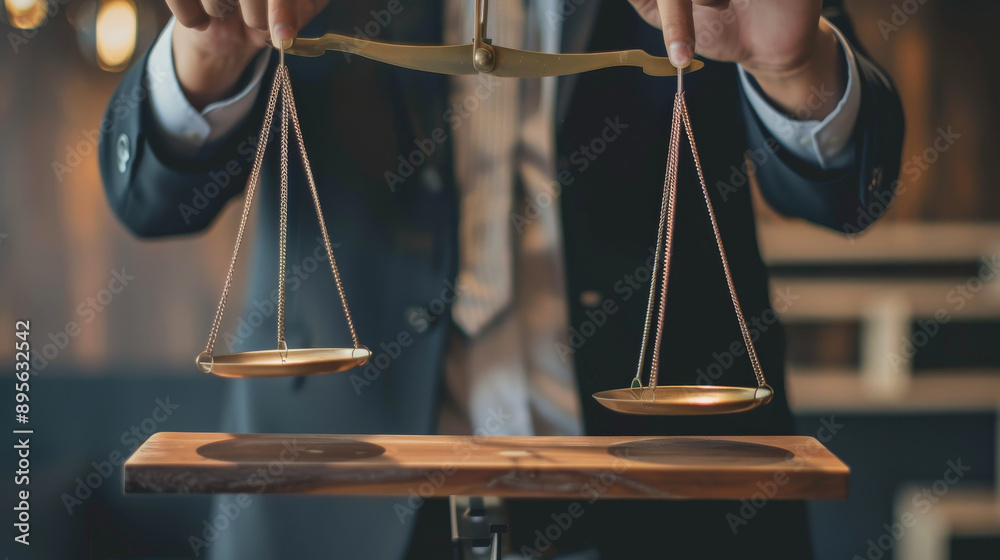 A professional in a suit holding a balanced scale, representing justice ...