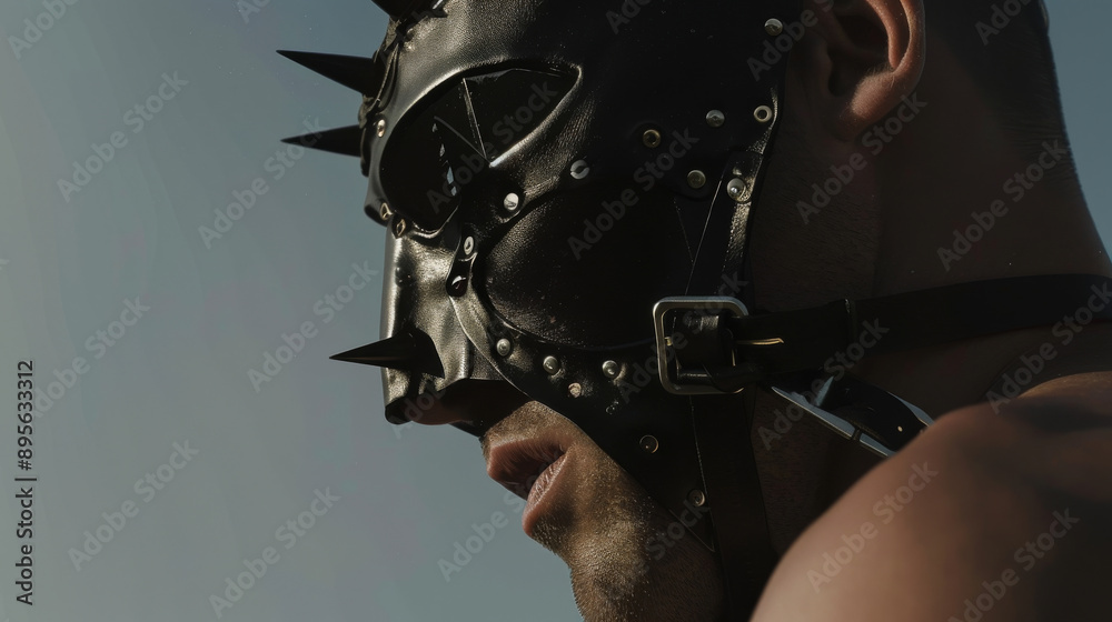 A side profile of a person wearing a leather mask with spikes ...