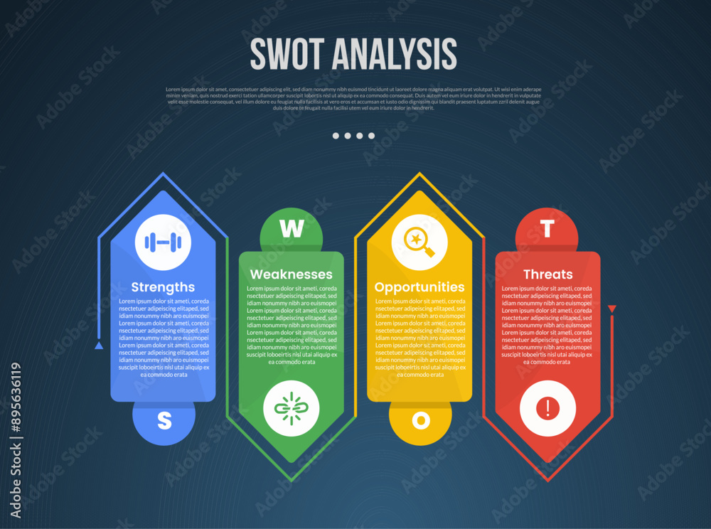 SWOT business analysis infographic template with creative arrow box ...