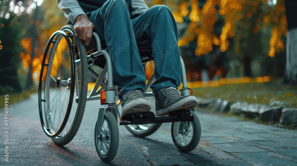 closeup of a man in a wheelchair focusing on the wheels and lower body ...