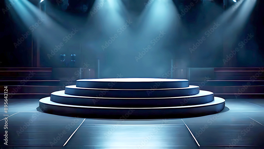 podium positioned in the center of a stage. A spotlight illuminate the ...